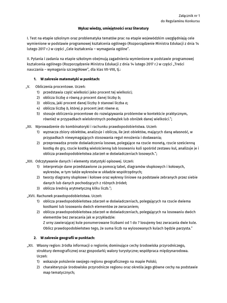 Zalacznik NR 1 Wykaz Wiedzy Umiejetnosci Oraz Literatury | PDF