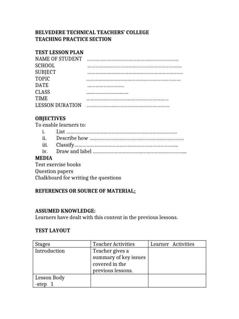 TEST LESSON PLAN | PDF | Learning | Teaching