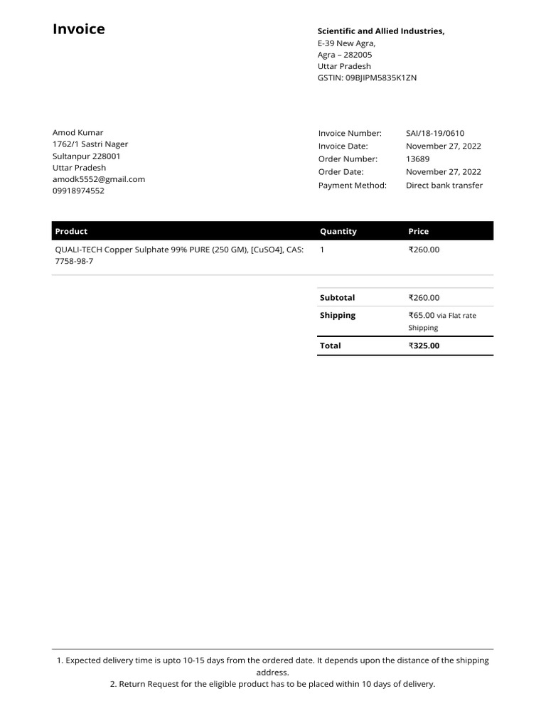Invoice for QUALI-TECH Copper Sulphate | PDF