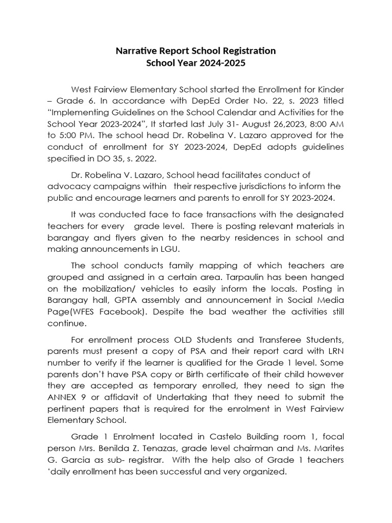 Narrative Report School Registration24 | PDF