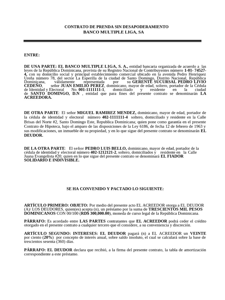 Contrato Prenda Banco Liga RD | PDF | Pagos | Dinero