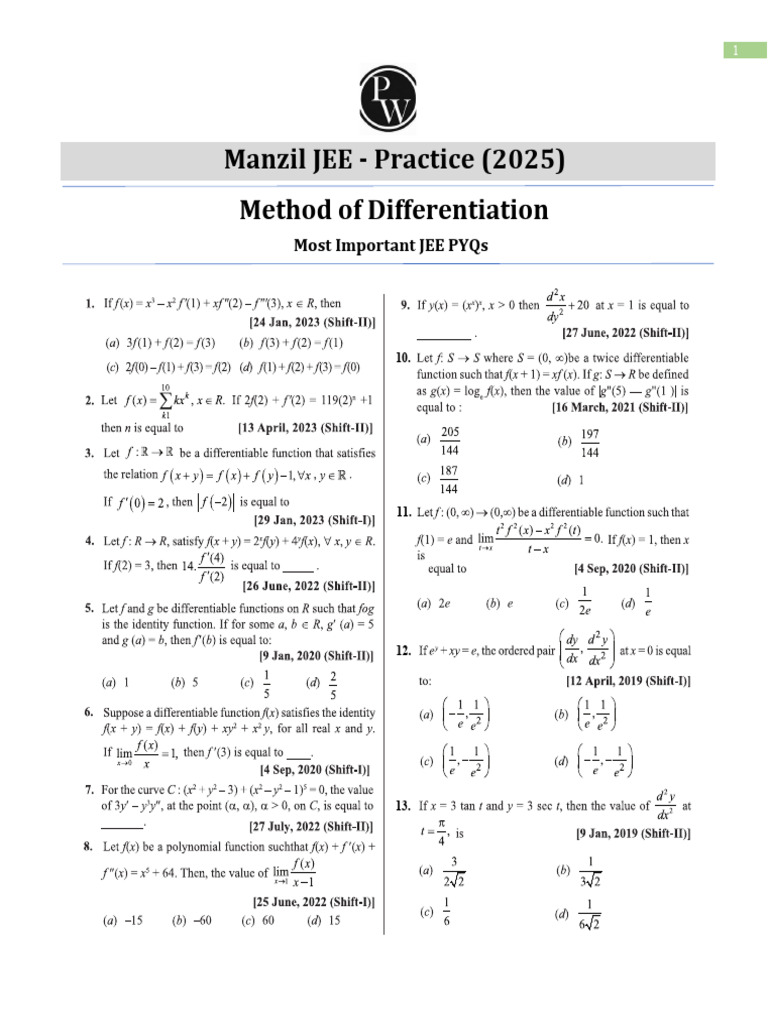 6770e211a3bdfd8efd5a2b56 - ## - Method of Differentiation PYQ Sheet (Questions) Manzil JEE 2025 ...