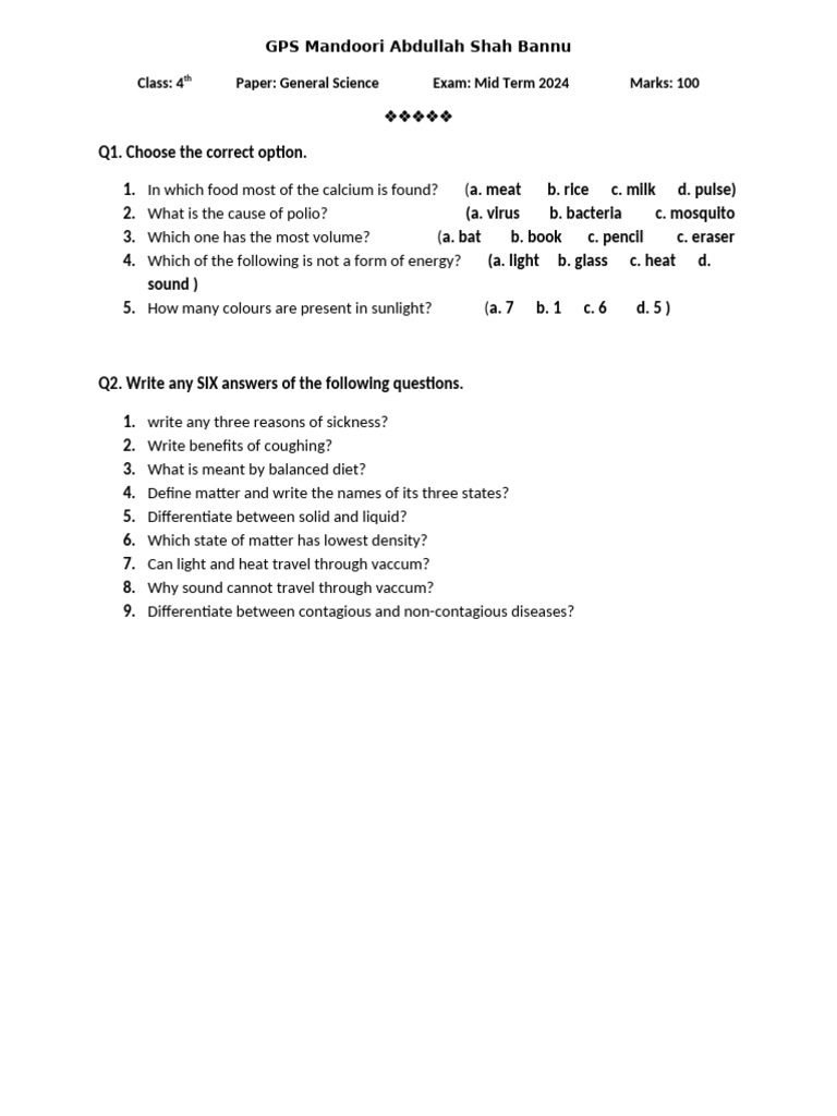 4th Grade General Science Exam 2024 | PDF