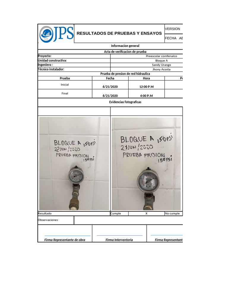 Formato Prueba Redes Hidrosanitarias. | PDF
