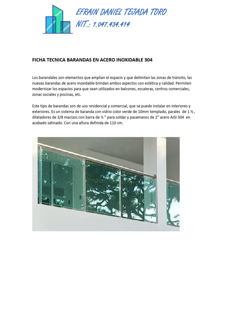 Ficha Tecnica Baranda en Acero y Vidrio | PDF