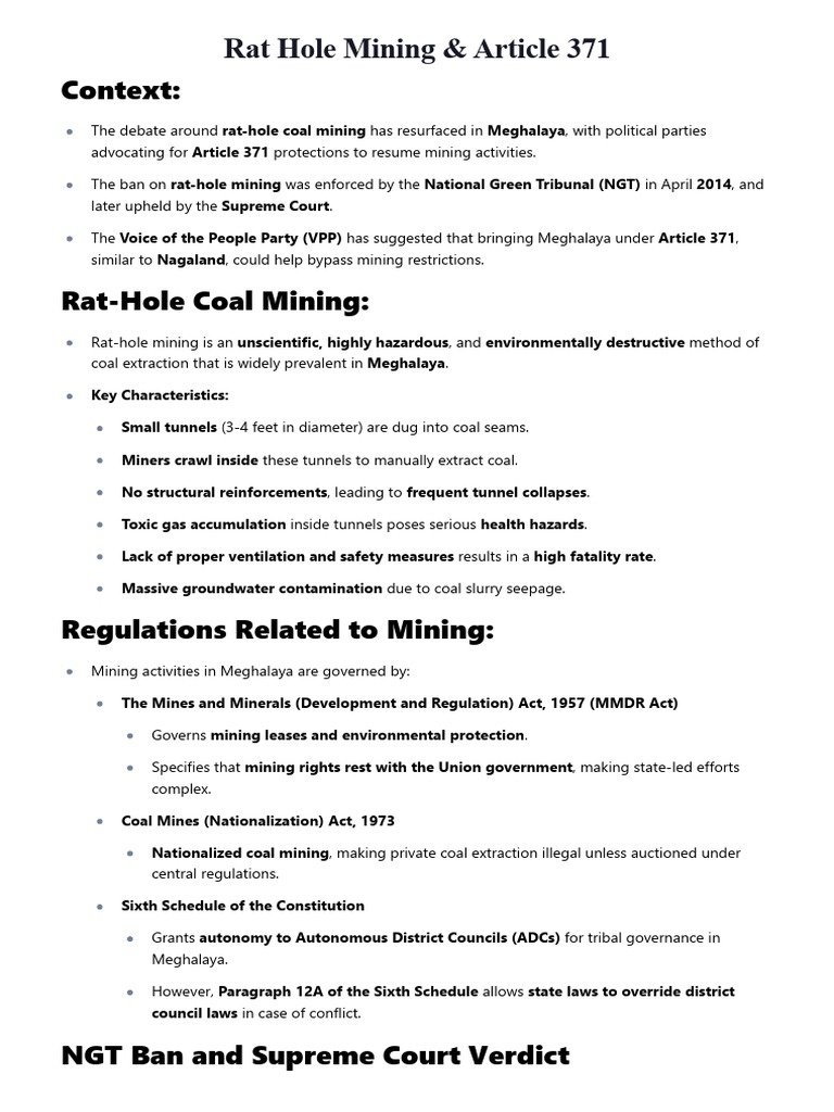 Rat Hole Mining & Article 371 | PDF | Mining | Natural Environment
