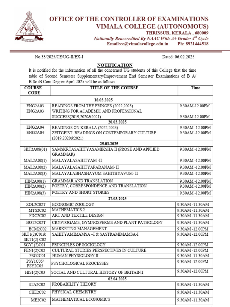 Notification - Time Table of Second Semester BA BSC BCom Supplementary ...