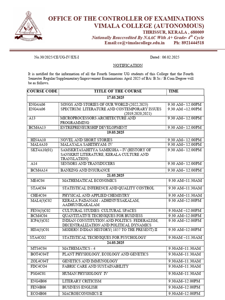Notification-Time Table of Fourth Semester BA BSC BCom Regular Supple ...