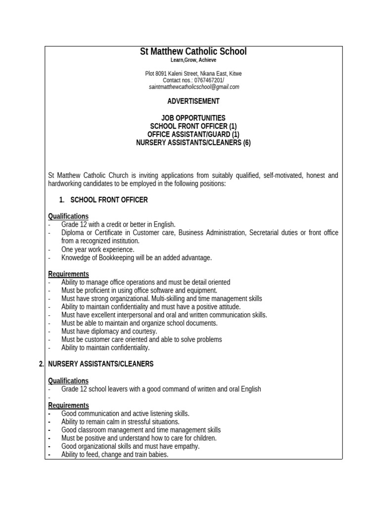 Advert of Office Manager, Helpers and Office Assistant | PDF | Learning ...