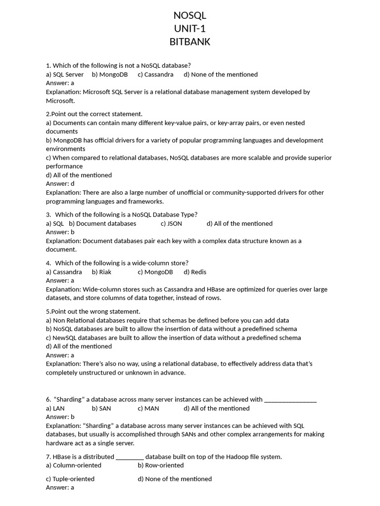 NOSQL-OBJECTIVE QUESTION BANK -MID-1 | PDF | No Sql | Mongo Db
