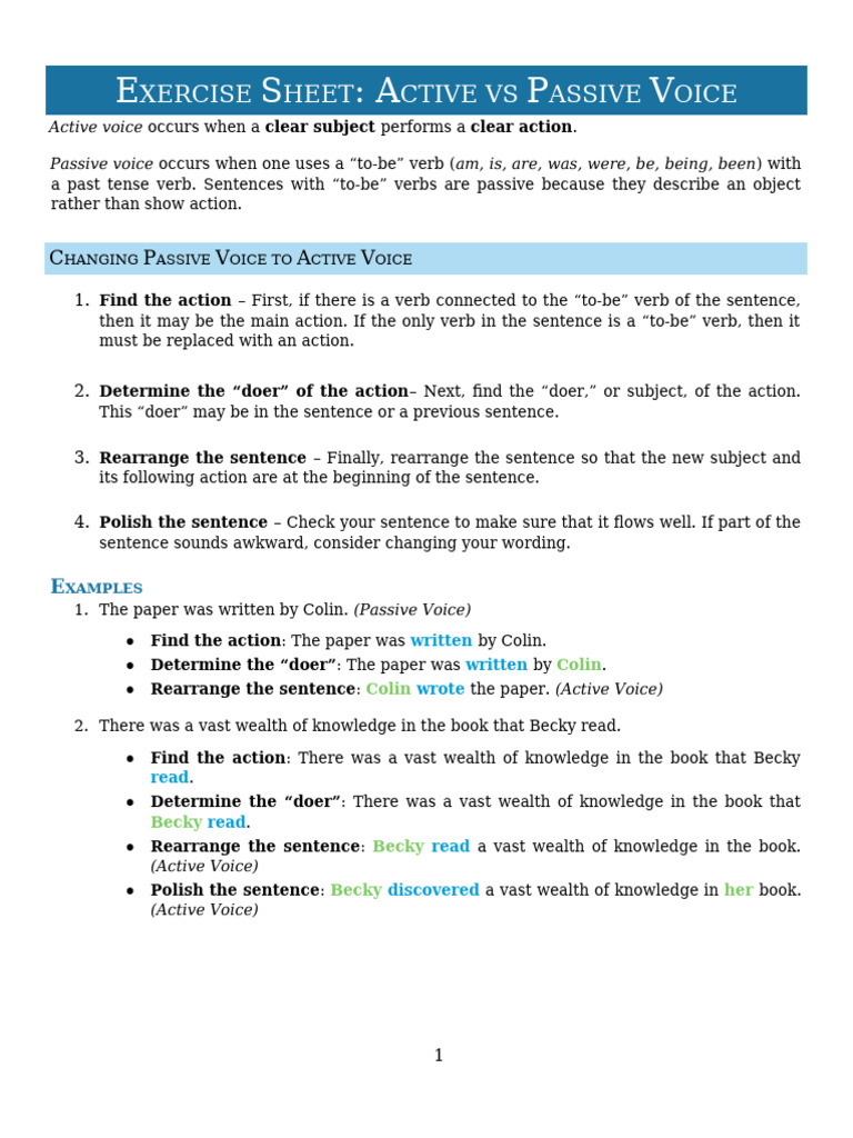 Active and Passive Voice Activity | PDF | Verb | Subject (Grammar)