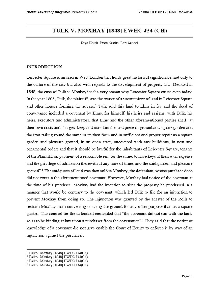 Tulk v. Moxhay: Covenant Enforcement | PDF | Equity (Law) | Covenant (Law)