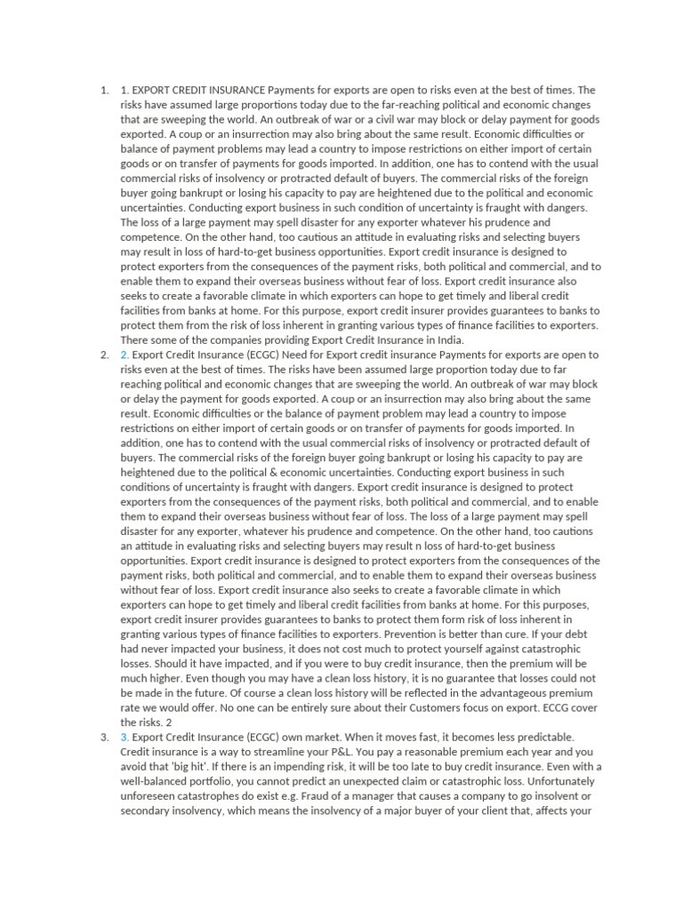 Export Credit Insurance Overview | PDF | Insurance | Letter Of Credit