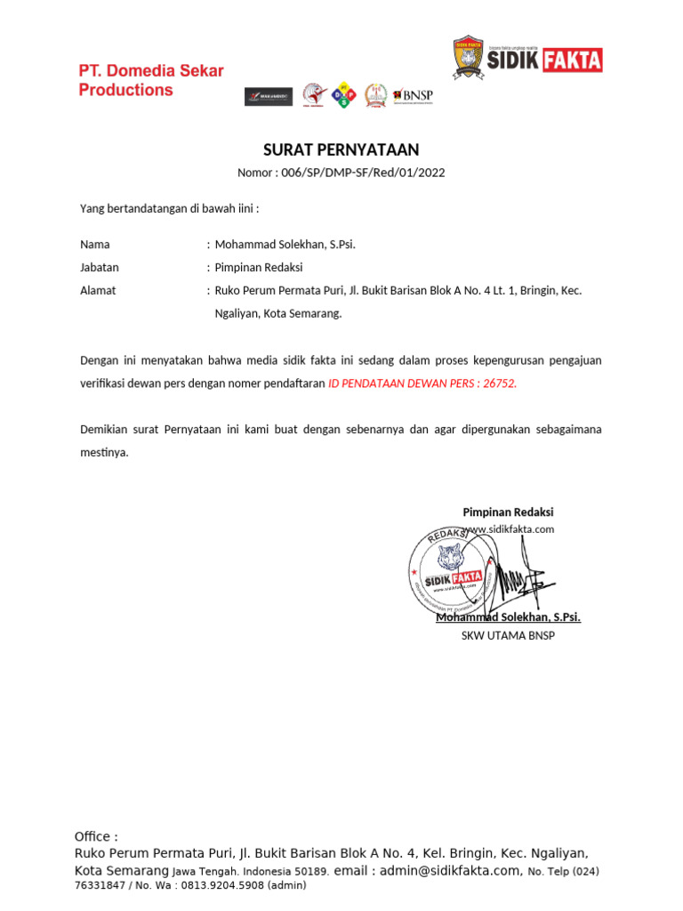 Surat Pernyataan Pengajuan Keanggotaan Dewan Pers | PDF