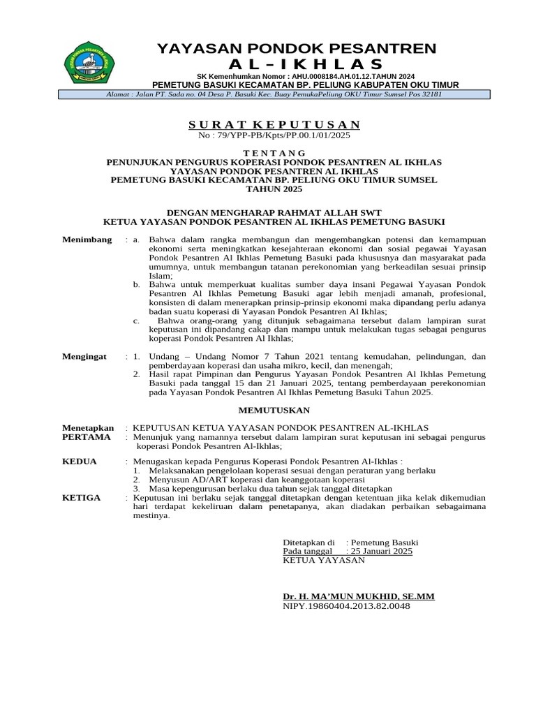 SK Penunjukan Pengurus Koperasi Yayasan Pondok Pesantren Al Ikhlas | PDF