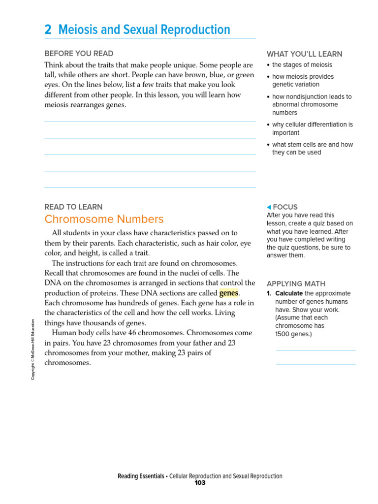 Reading Essentials_ Meiosis and Sexual Reproduction | PDF | Meiosis ...