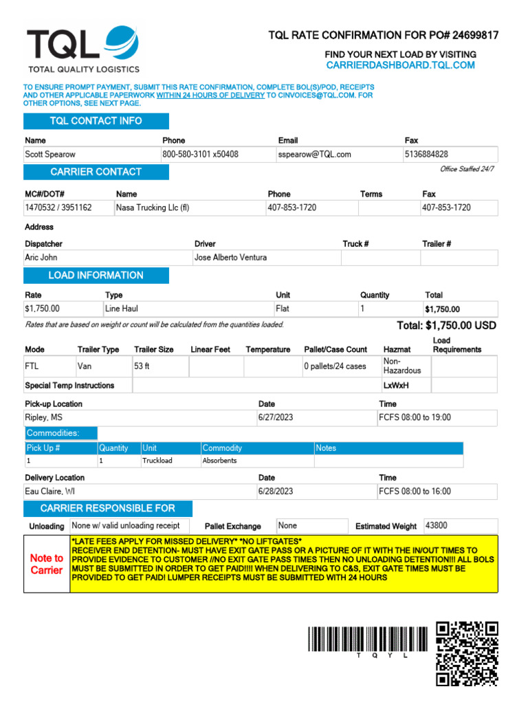 TQL Rate Confirmation Guide | PDF | Cargo | Truck Driver