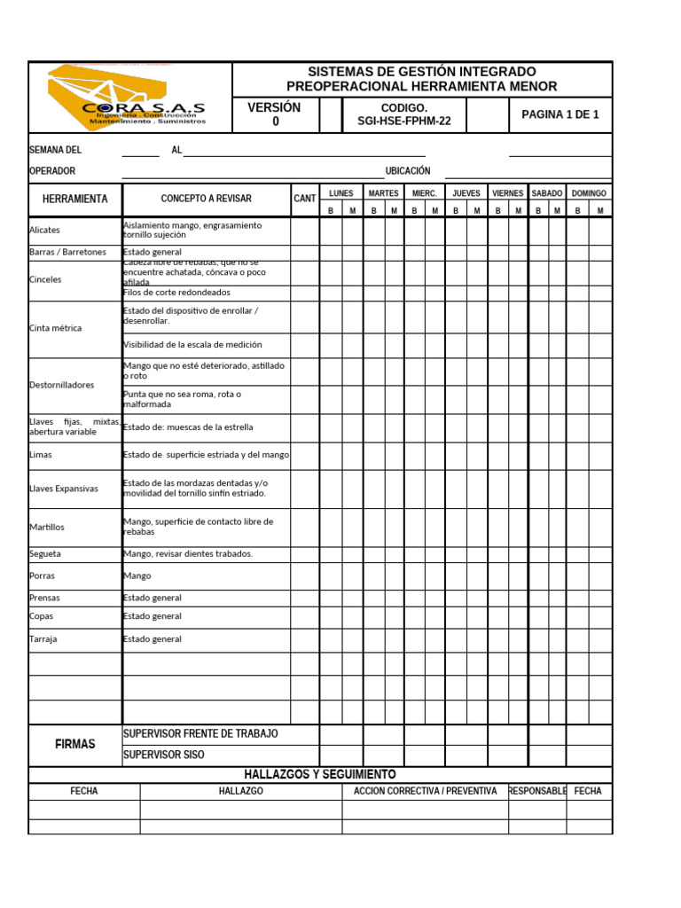 22 Sgi-Fohm-22-Formato Inspc. Preoper Hta Menor | PDF | Herramientas ...