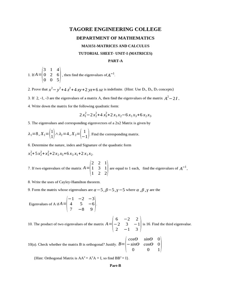 Matrices and Calculus Tutorial Sheet | PDF | Eigenvalues And ...
