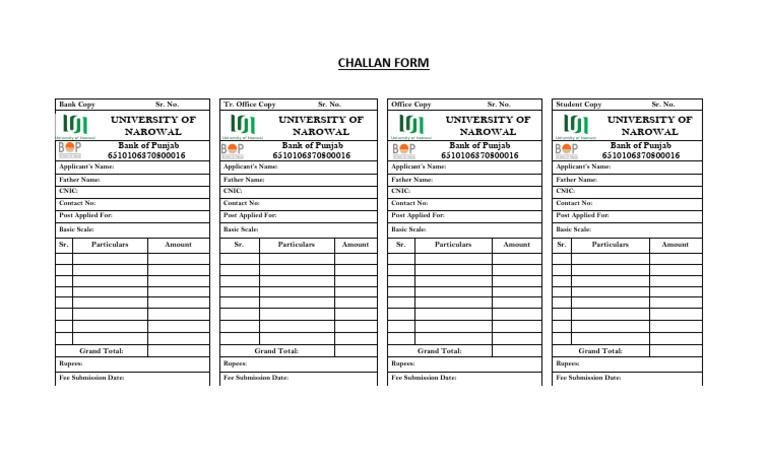 University of Narowal Challan Form | PDF