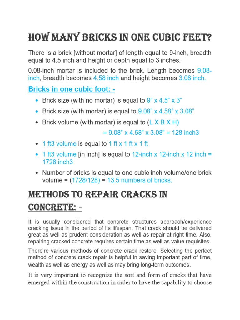 Calculating Bricks and Concrete Repair Methods | PDF | Stairs | Concrete