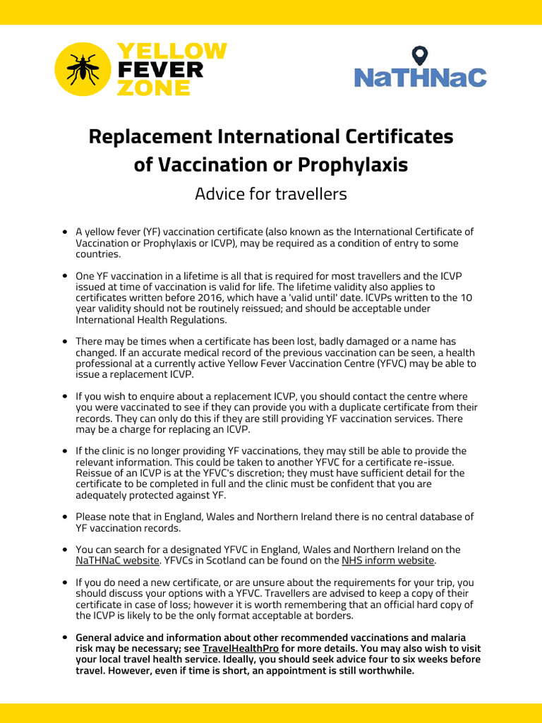 Replacement Yellow Fever Certificates Guide | PDF | Health Care ...