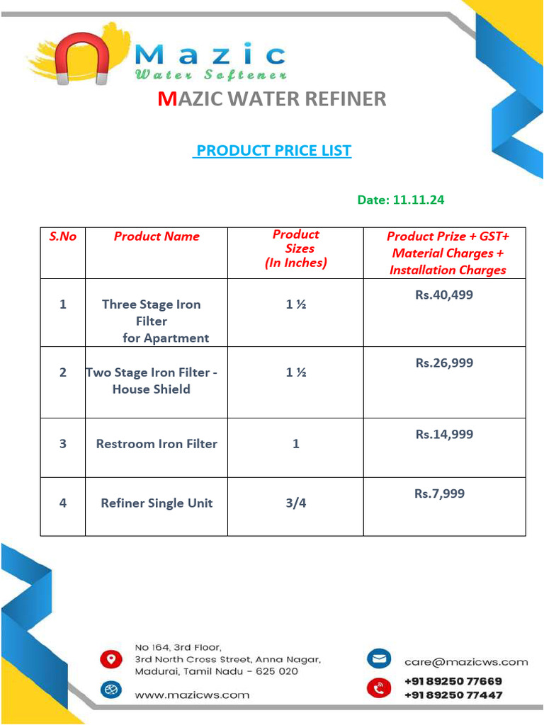 Mazic Water Refiner Price List 2024 | PDF