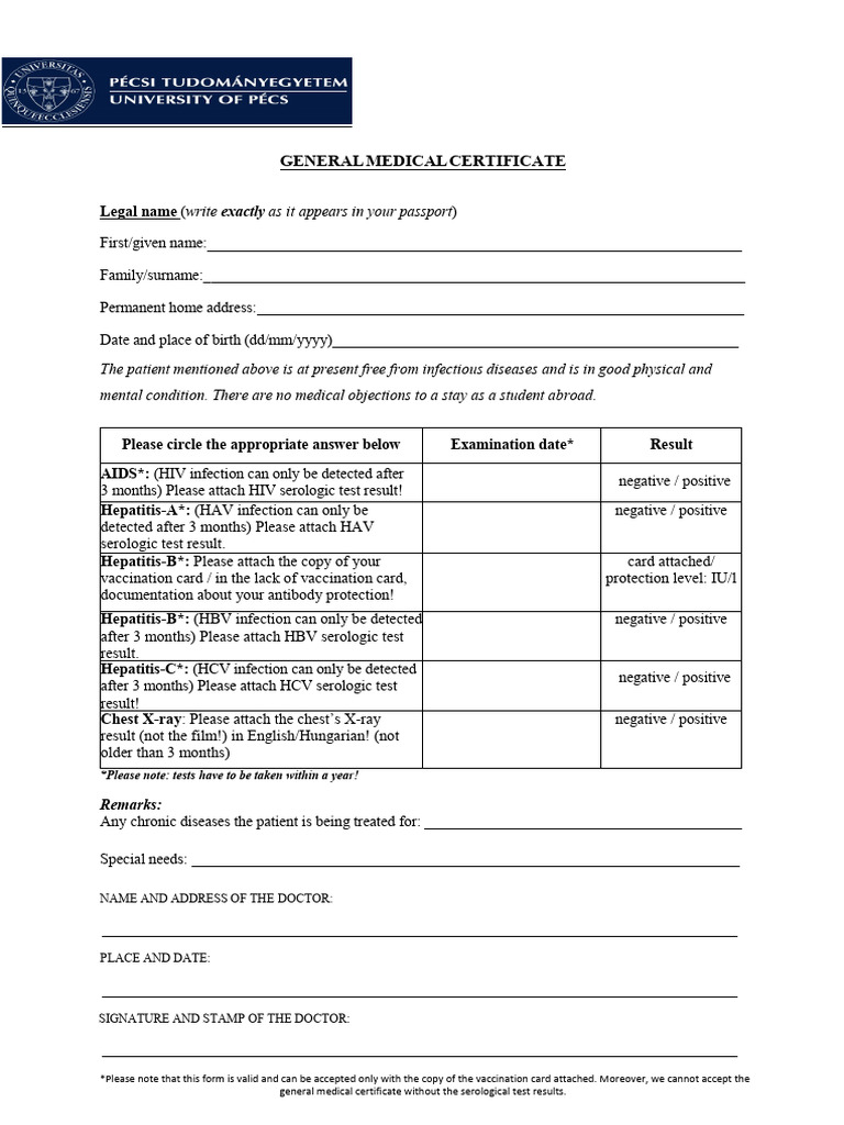 General Medical Certificate for Students | PDF