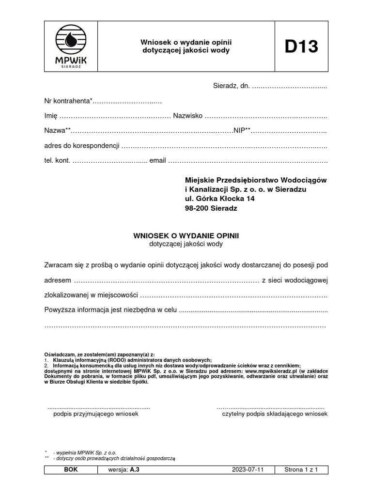Wniosek o Wydanie Opinii Dotycz Cej Jako Ci Wody | PDF