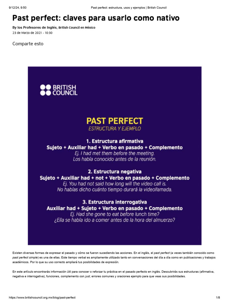 Past Perfect: Estructura y Usos | PDF | Verbo | Sistema internacional ...