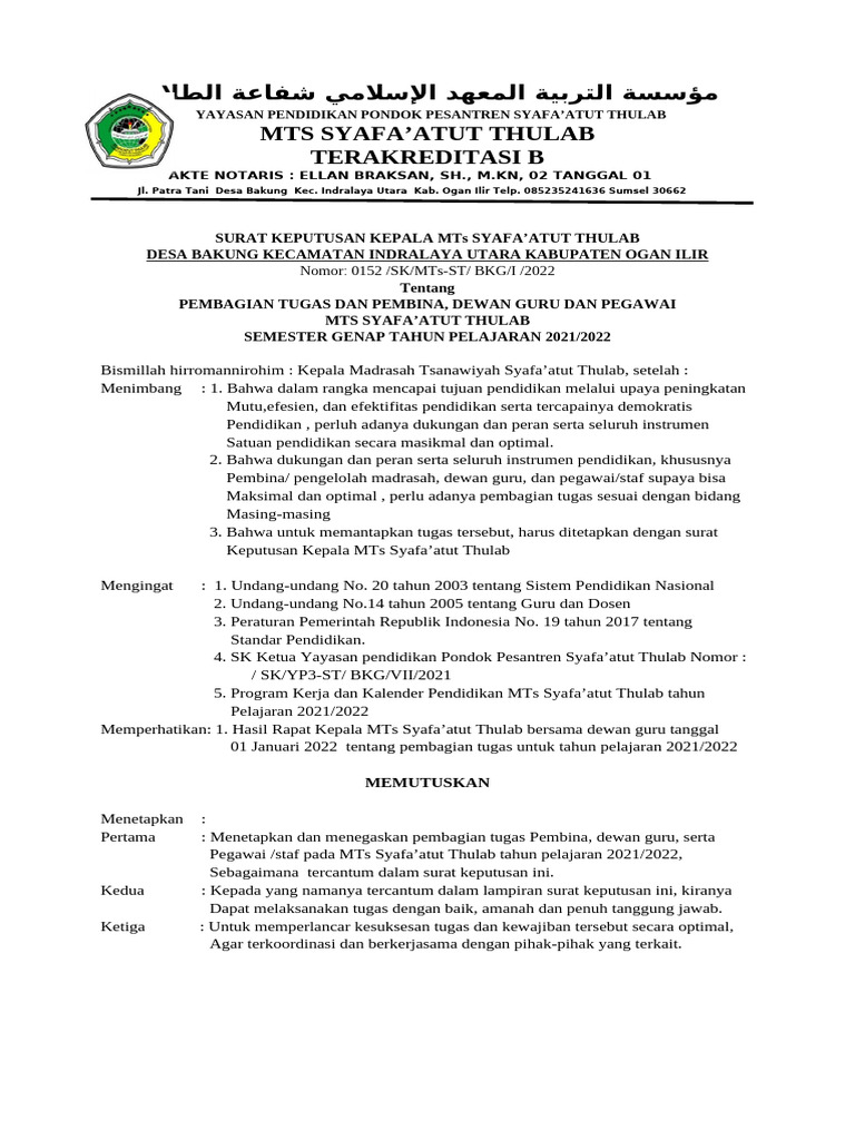 SK Pembagian Tugas Genap 2021 2022 | PDF