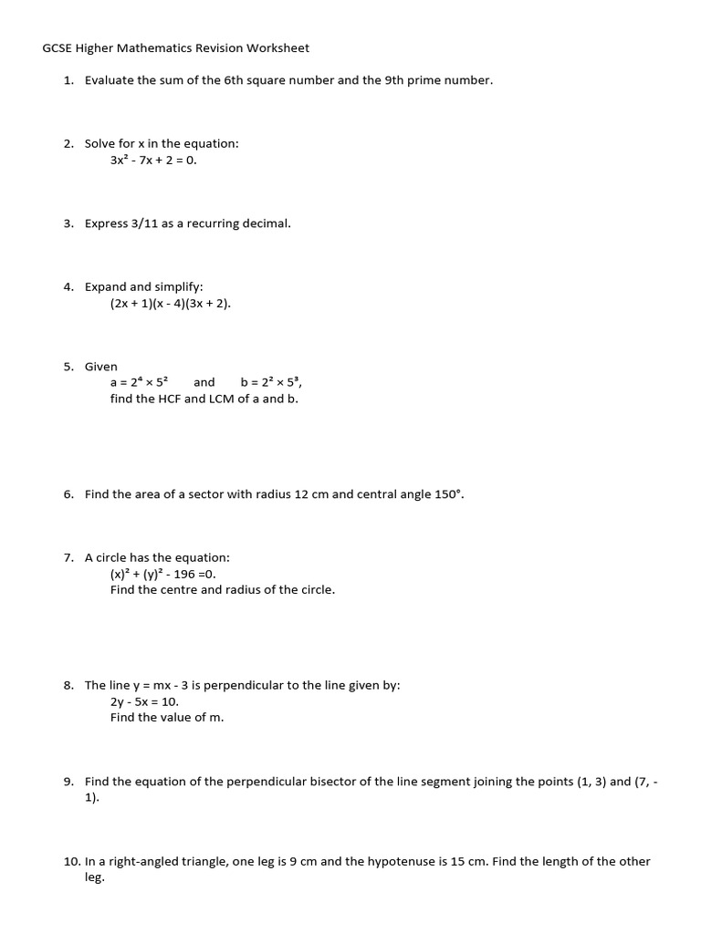 HSS GCSE Higher Mathematics Revision Worksheet | PDF | Circle | Area