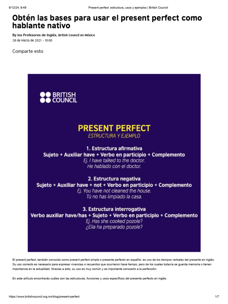 Present Perfect - Estructura, Usos y Ejemplos - British Council | PDF | Verbo | Sistema ...