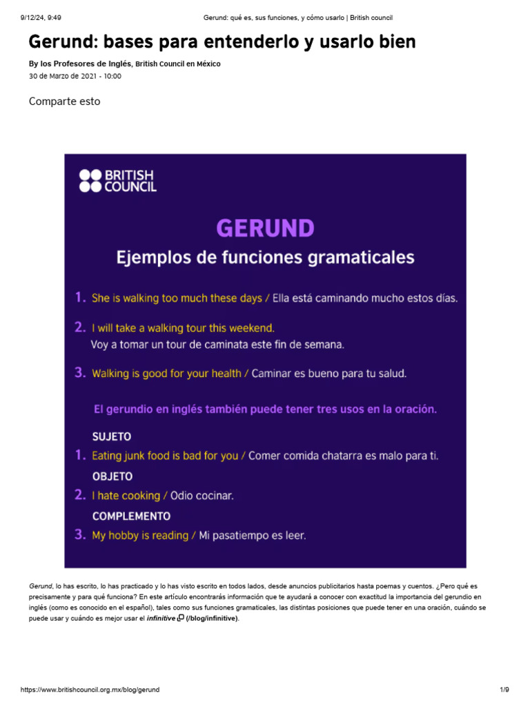 Gerundio en inglés: funciones y usos | PDF | Sistema internacional de ...
