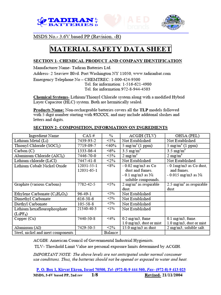 Lifepak CR Plus Battery Msds Sheet | PDF | Firefighting | Sodium