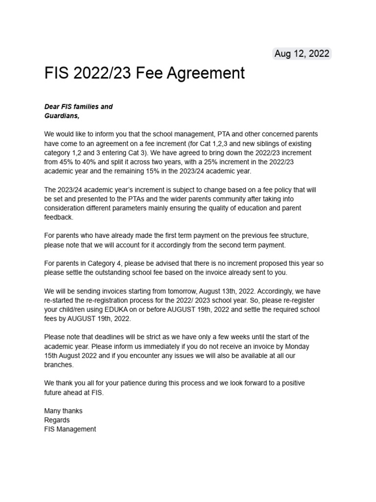 FIS 2022/23 Fee Agreement Update | PDF