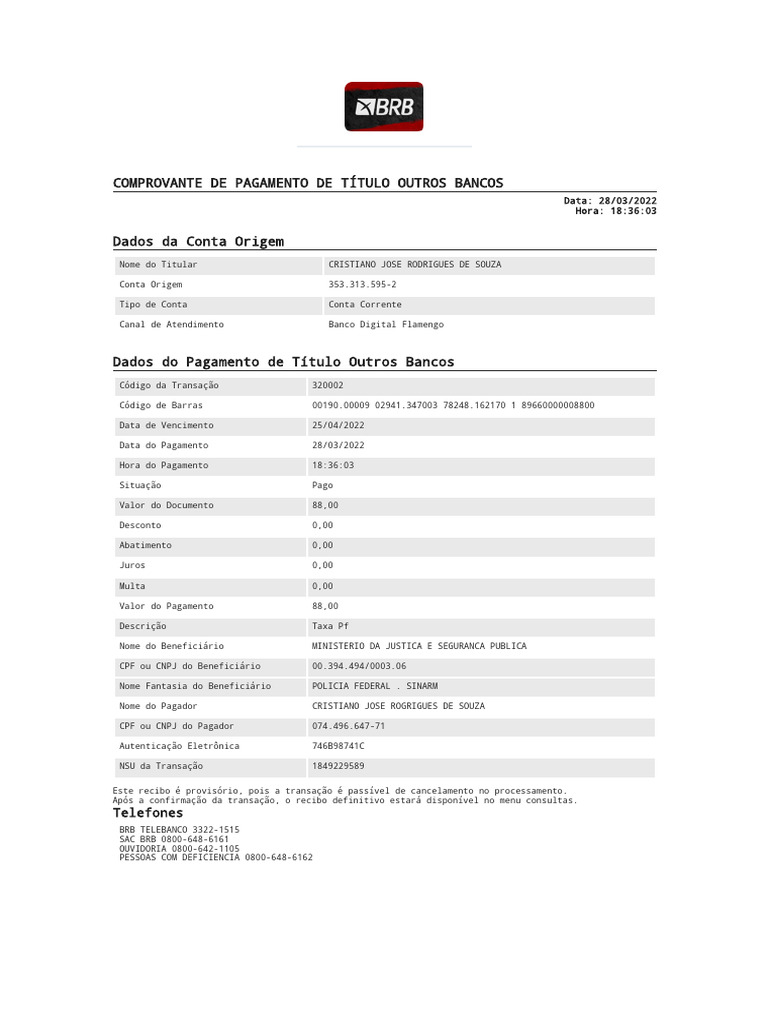 Comprovante de Pagamento Taxa | PDF
