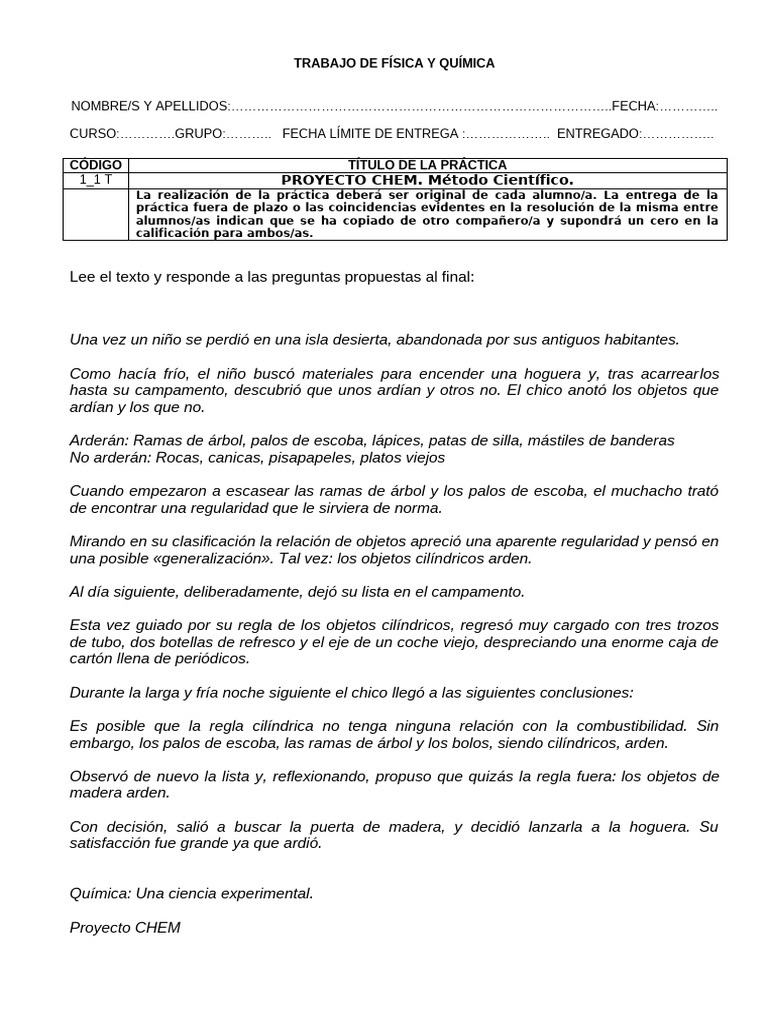 P1 1T Texto. Proyecto CHEM | PDF | Método científico | Science
