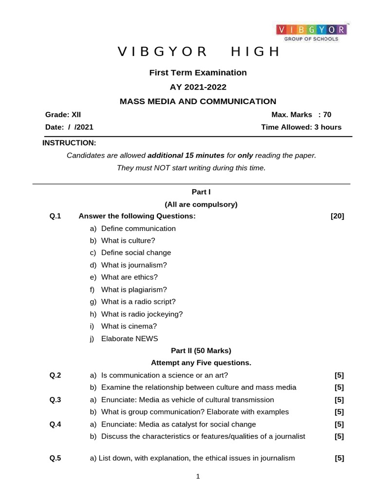Grade XII Mass Media Exam Paper | PDF | Cognition | Communication