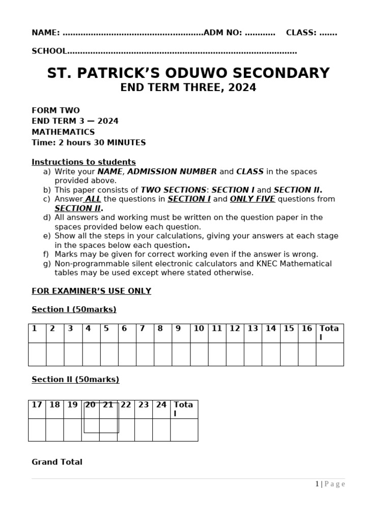 f2 Maths QST 2024 Teacher - Co .Ke | PDF | Density | Area