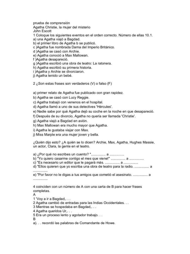Prueba de Comprensión | PDF | Agatha Christie | Ocio