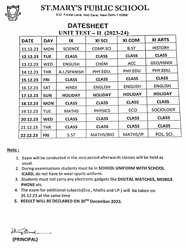 Unit Test-II (9 & 11) Datesheet | PDF