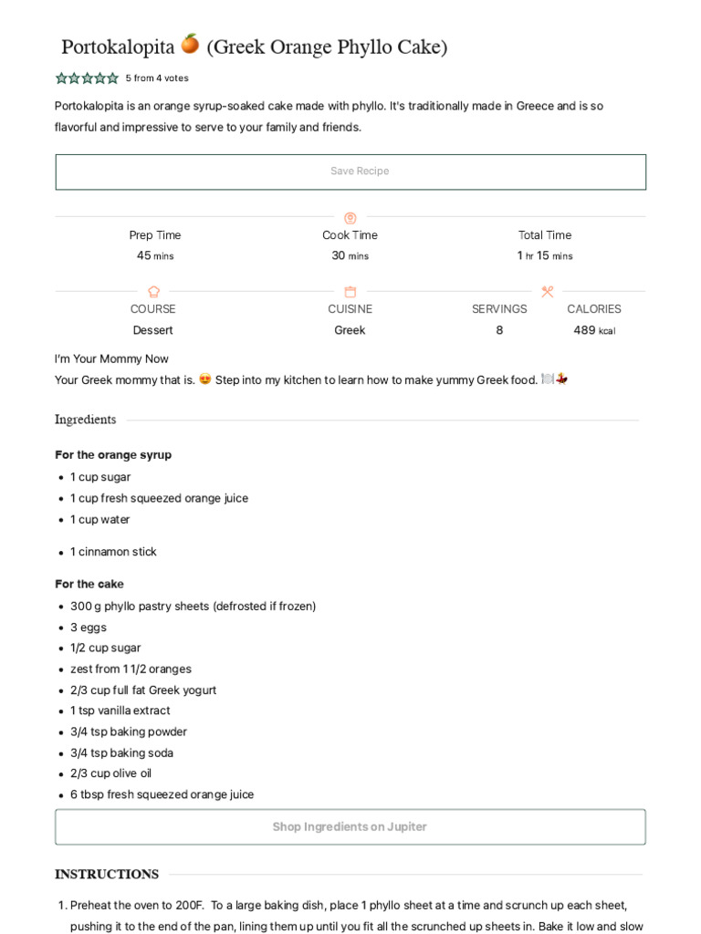 Portokalopita ? (Greek Orange Phyllo Cake) | PDF | Cakes | Baking