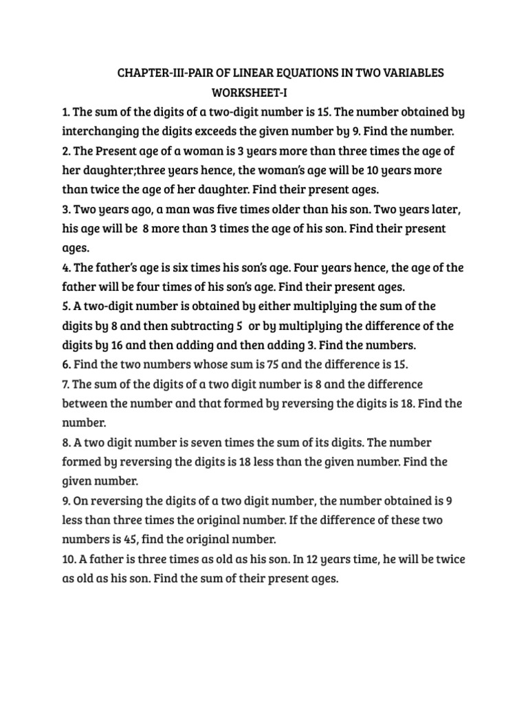 Chapter-III-pair of Linear Equations in Two Variables-Worksheet-I | PDF ...