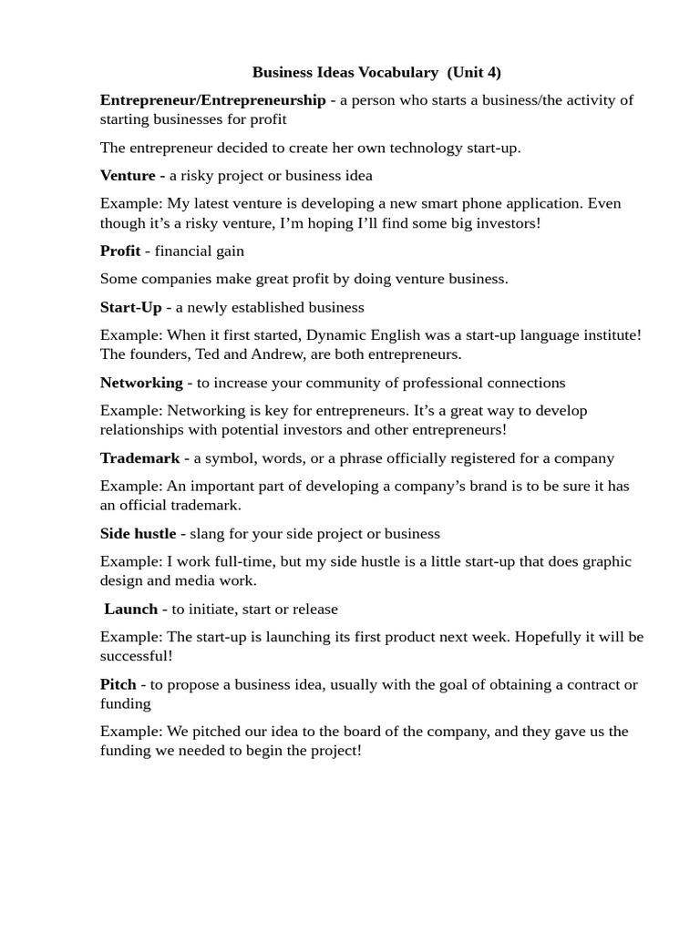 Business Ideas Unit 4 Vocab | PDF