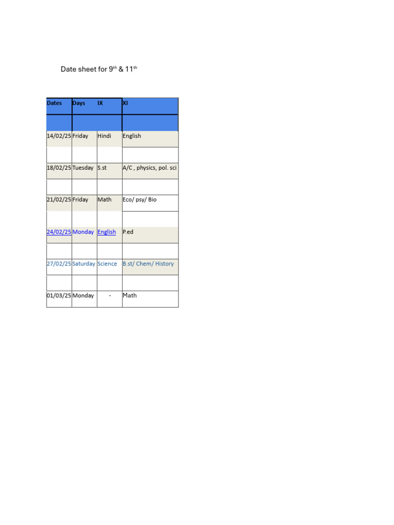 Date Sheet For Final Examination | PDF