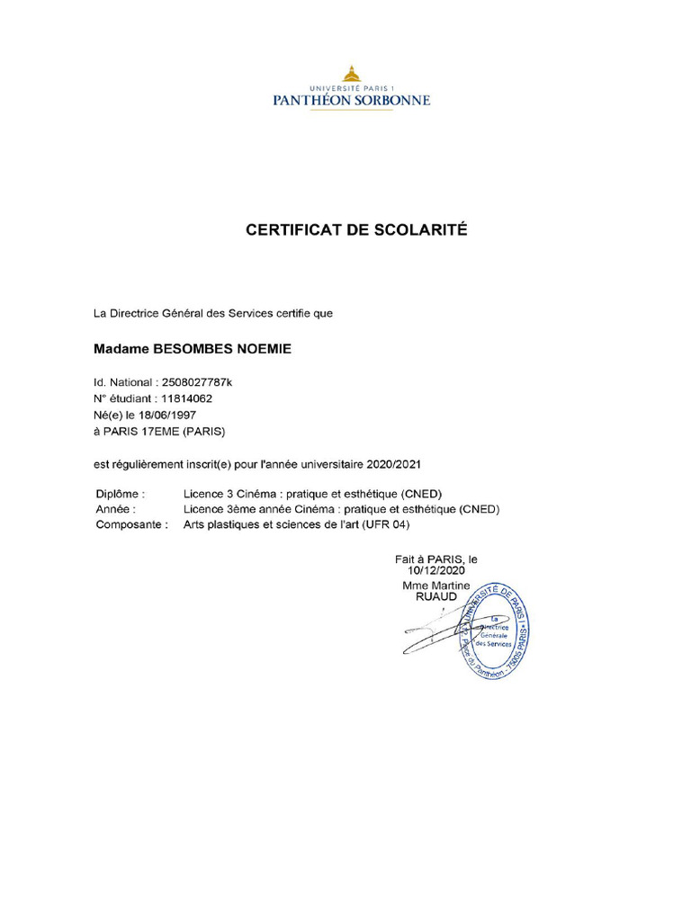 Certificat de Scolarité - Paris 1 - 2020-2021 | PDF