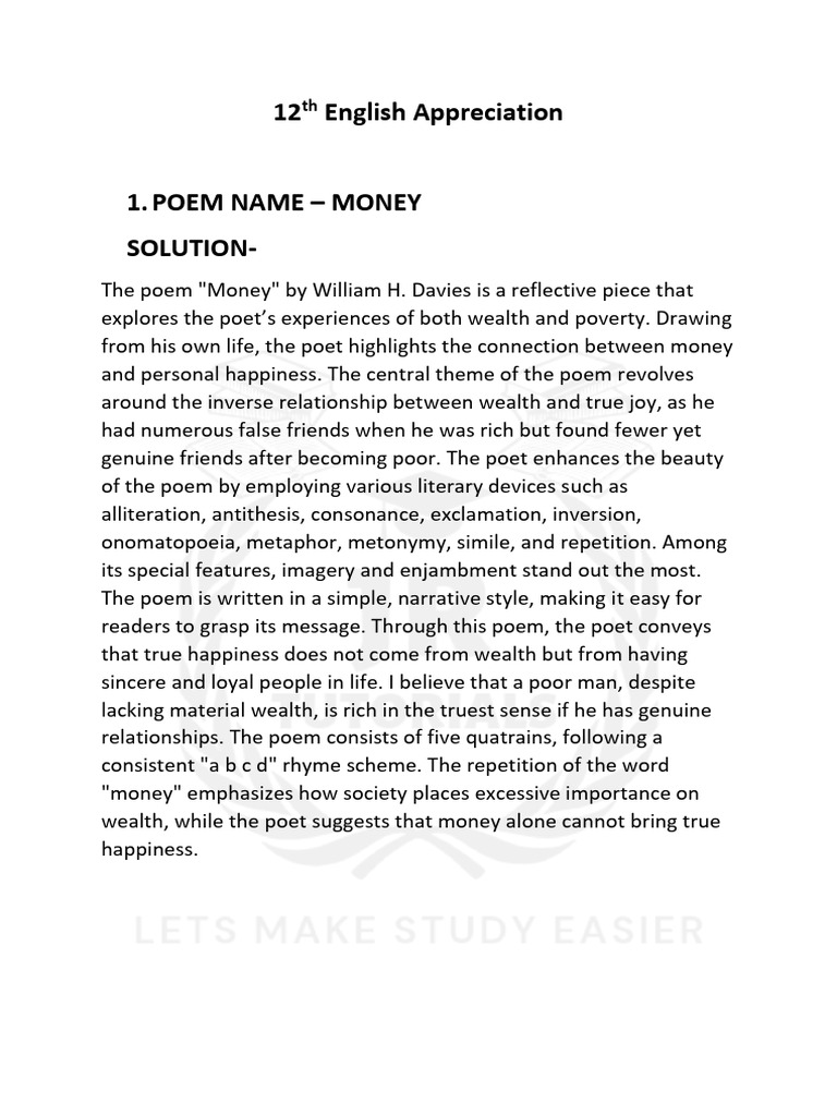 12th English Appreciation JRCOLLEGE | PDF | Poetry | Rhyme