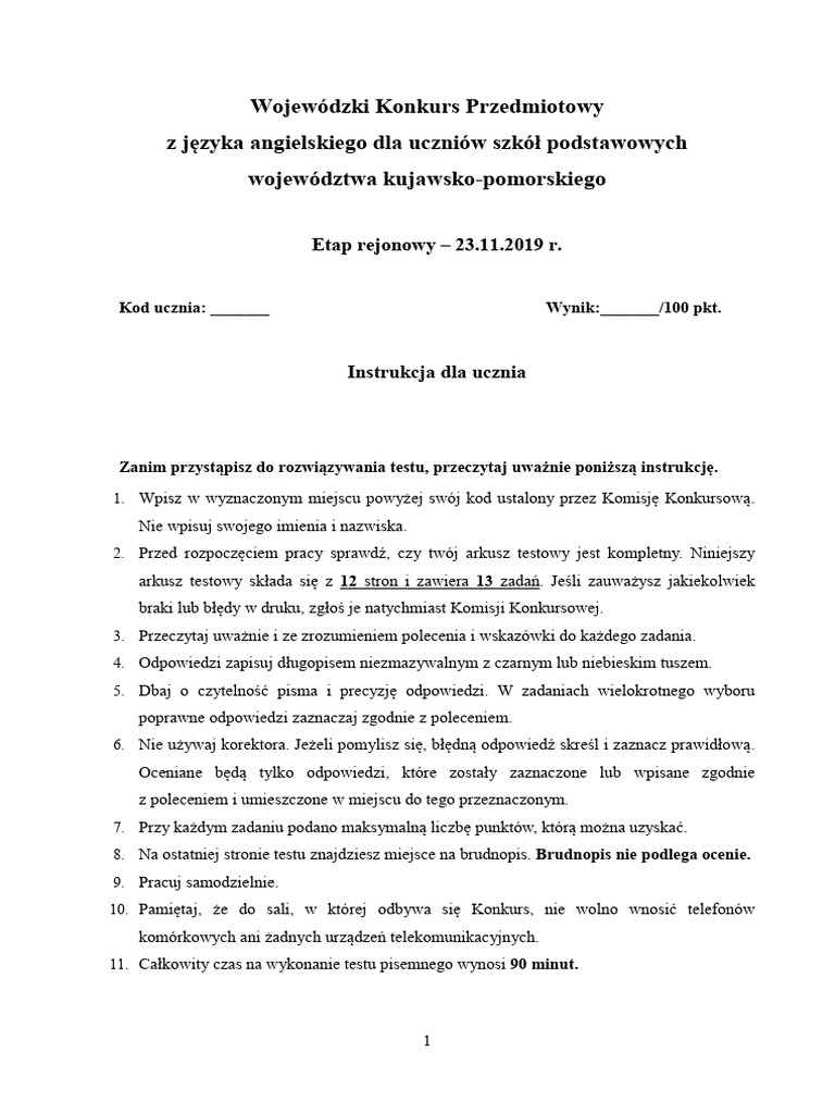 Konkurs Kuratoryjny Angielski 2020 Rejonowy Kujawsko Pomorskie | PDF
