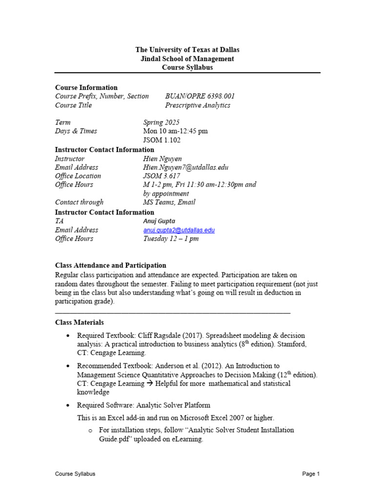 Syllabus BUAN 6398 001 Spring 2025 | PDF | Linear Programming | Analytics